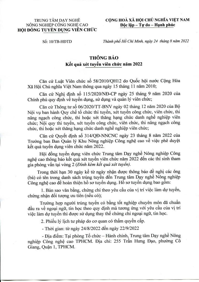 THÔNG BÁO TUYỂN DỤNG VIÊN CHỨC NĂM 2024 - Trung tâm Giáo dục nghề nghiệp Nông nghiệp Công nghệ cao